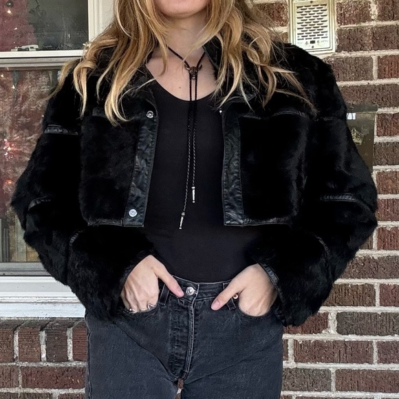 Jackets & Coats | Vintage Black Y2k Rabbit Fur And Leather Cropped ...